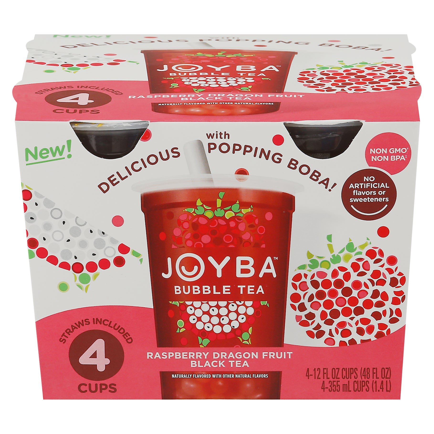 Joyba Raspberry Dragon Fruit Black Tea Bubble Tea 4 - 12 fl oz Cups ...
