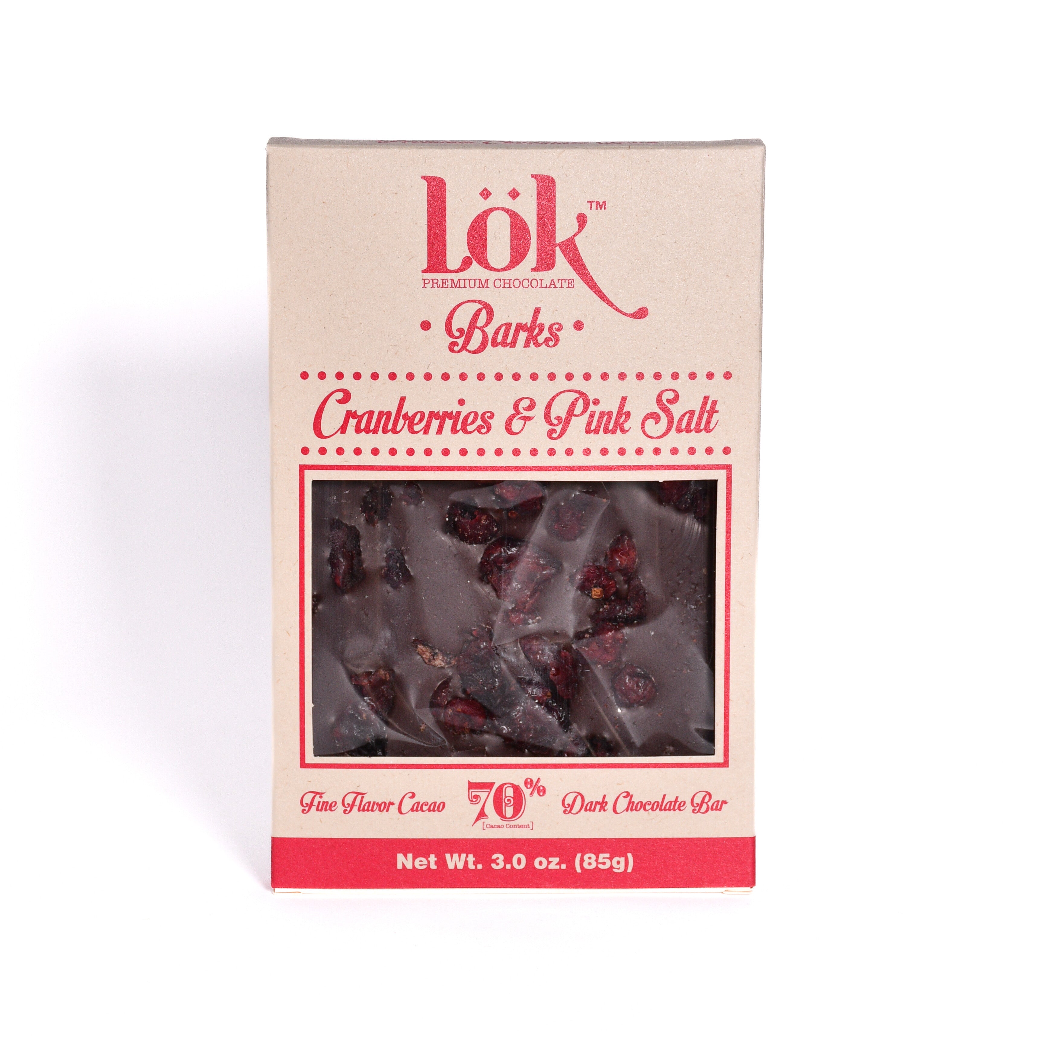 Lok Foods US Lok Cranberries & Pink Salt Chocolate Bark 70% Cacao Colo ...